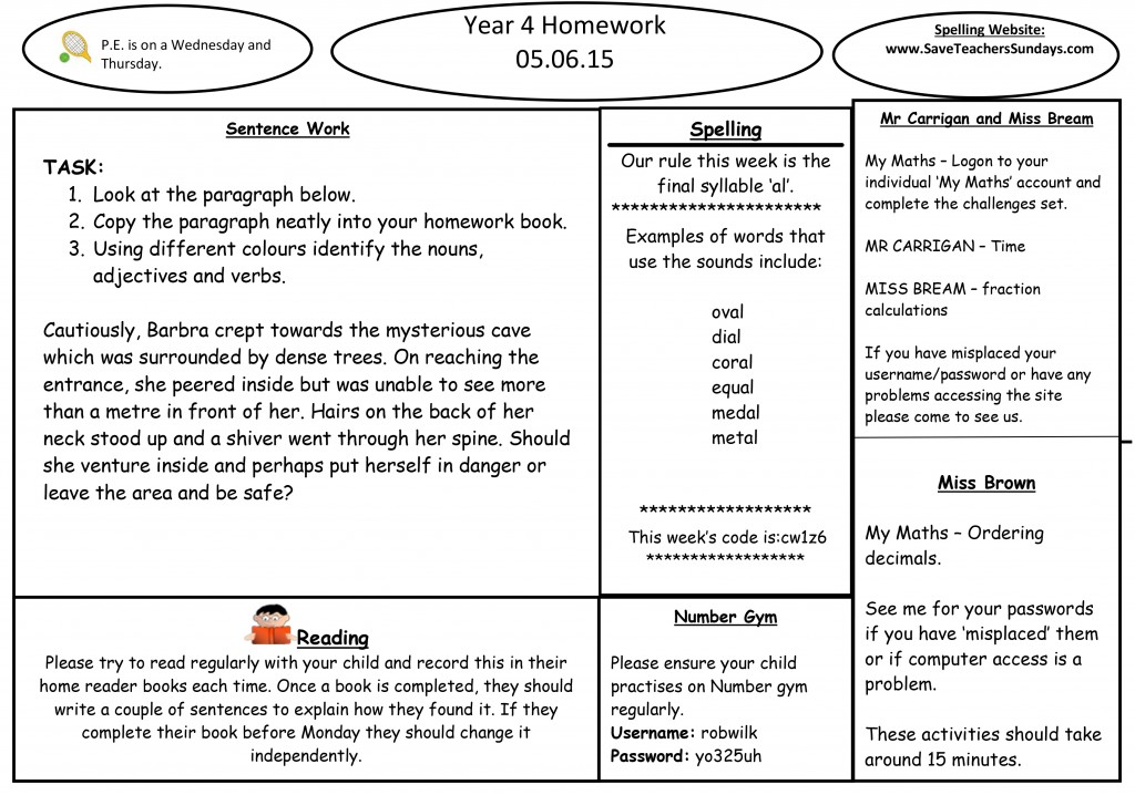 Robert Wilkinson Primary Academy » Year 4 Homework