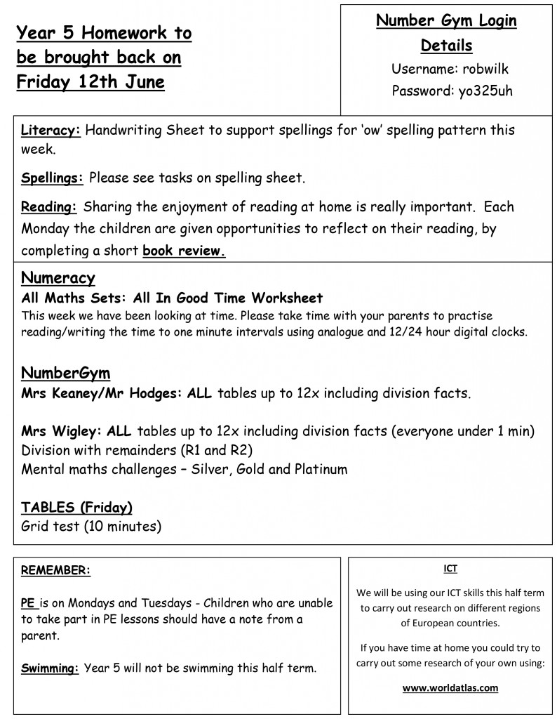 Robert Wilkinson Primary Academy » Year 5 Homework